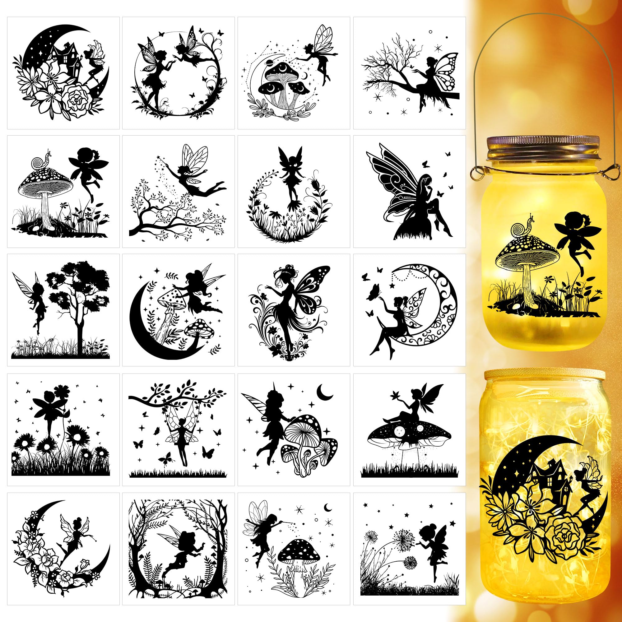 Amazon.com: Fairy Silhouettes Jar Transfer Stickers: 20 Pcs Fairy Rub ...