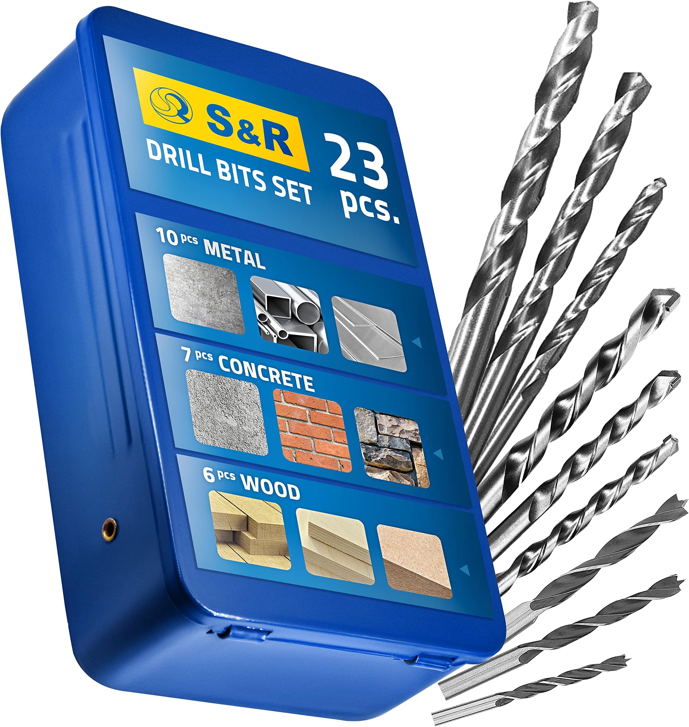 S&R Drill bit set 23 pcs: 6 for wood, 10 for metal, 7 for concrete in ...