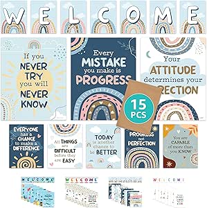 Decorably 15 Rainbow Boho Classroom Posters, 11x14in Matte-Laminated ...