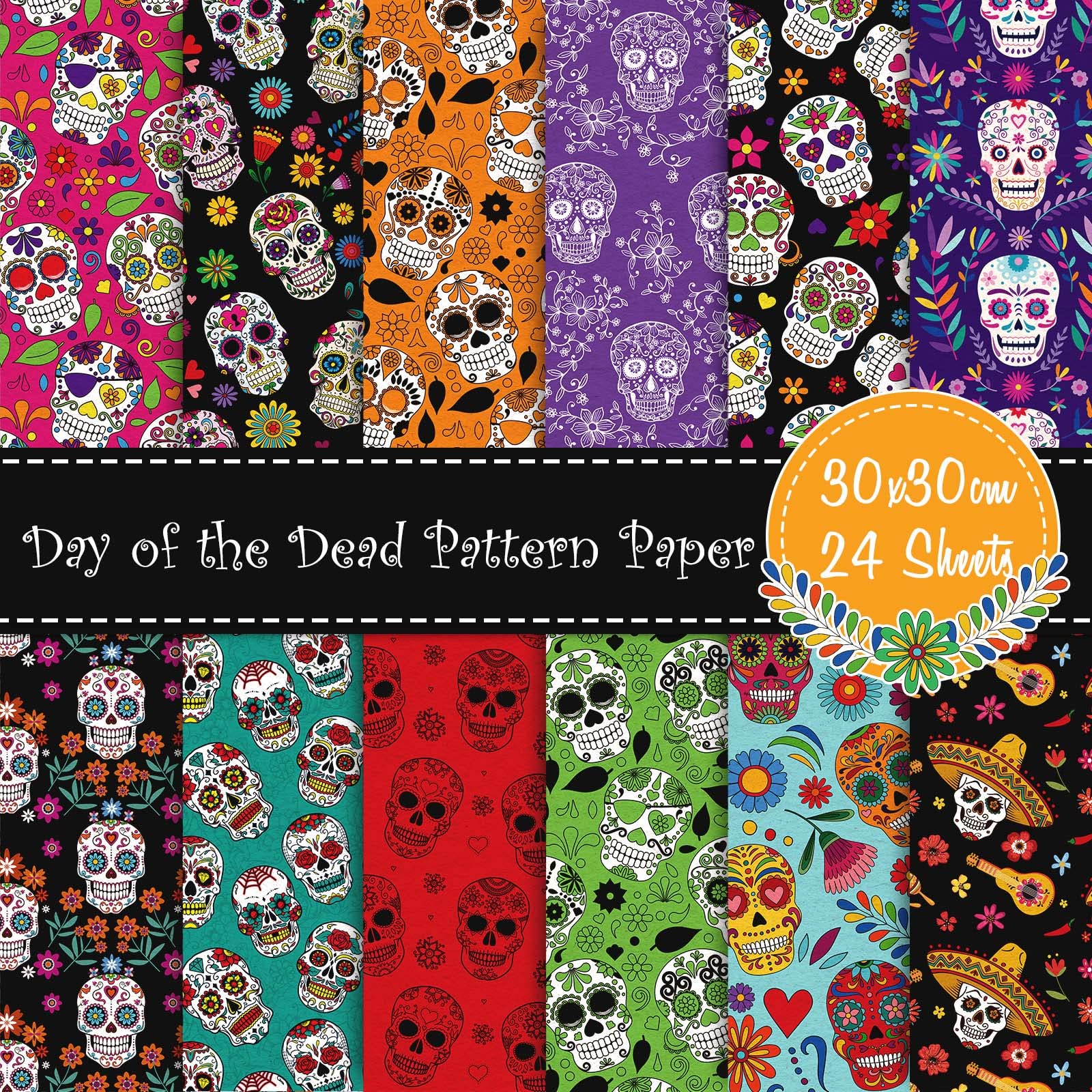 Amazon.com : Whaline 24Pcs Day of the Dead Pattern Paper 30x30cm Scary ...