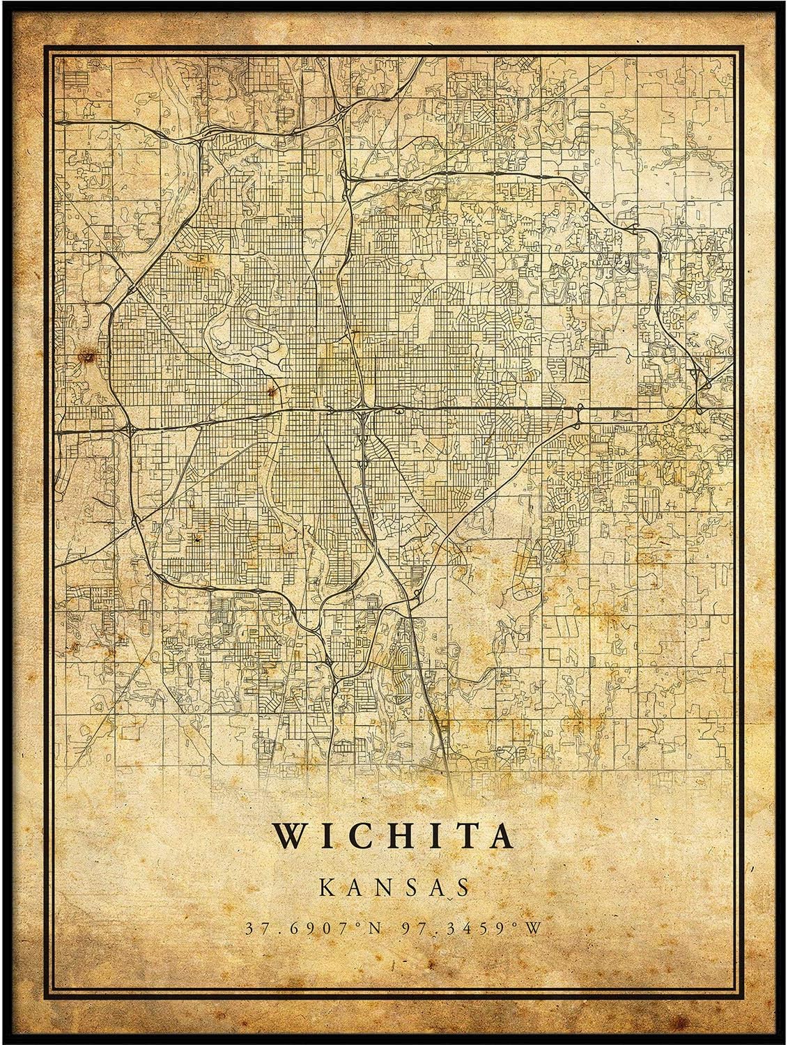 Amazon.com: Wichita map Vintage Style Poster Print | Old City Artwork ...