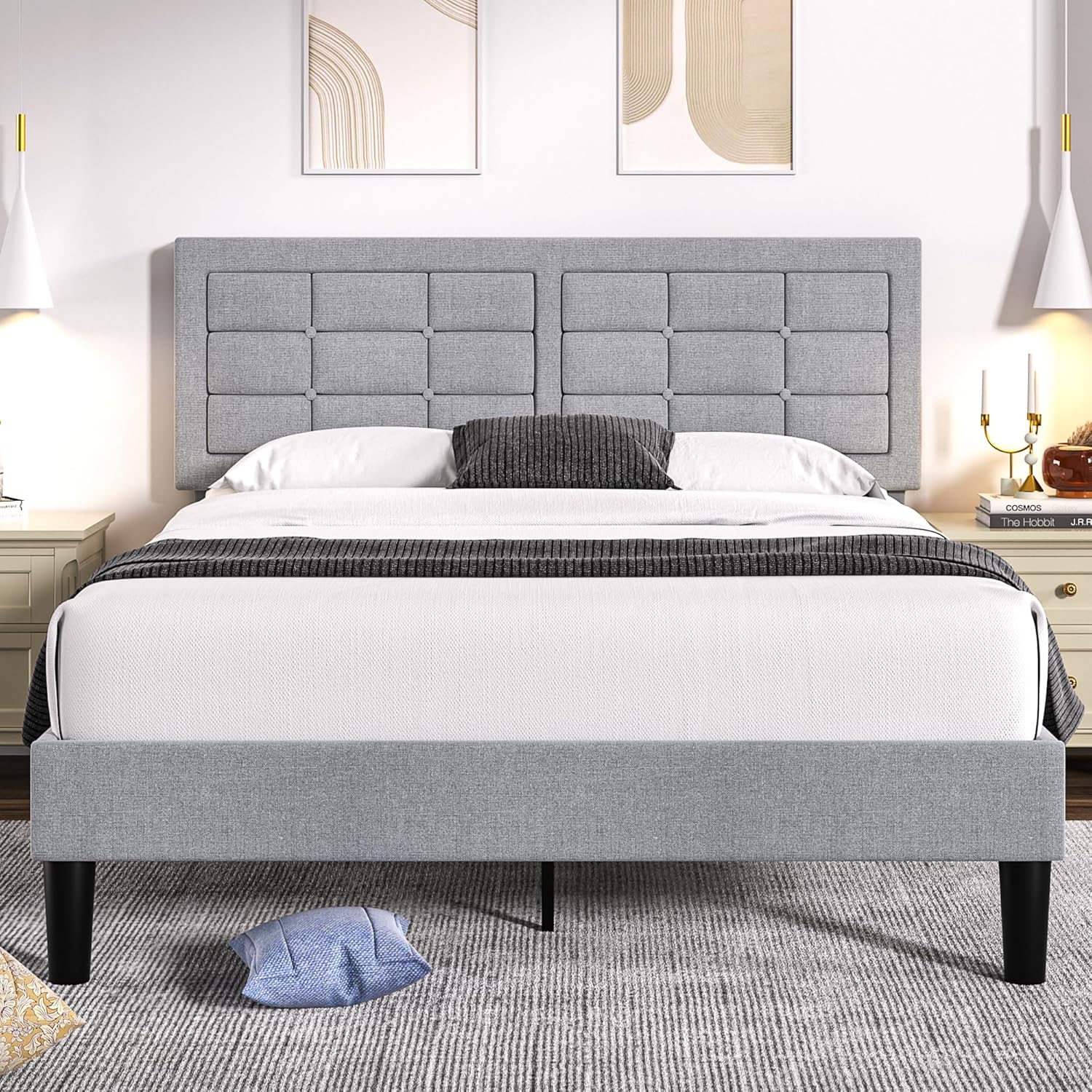Amazon.com: VECELO Queen Size Bed Frame with Adjustable Headboard ...