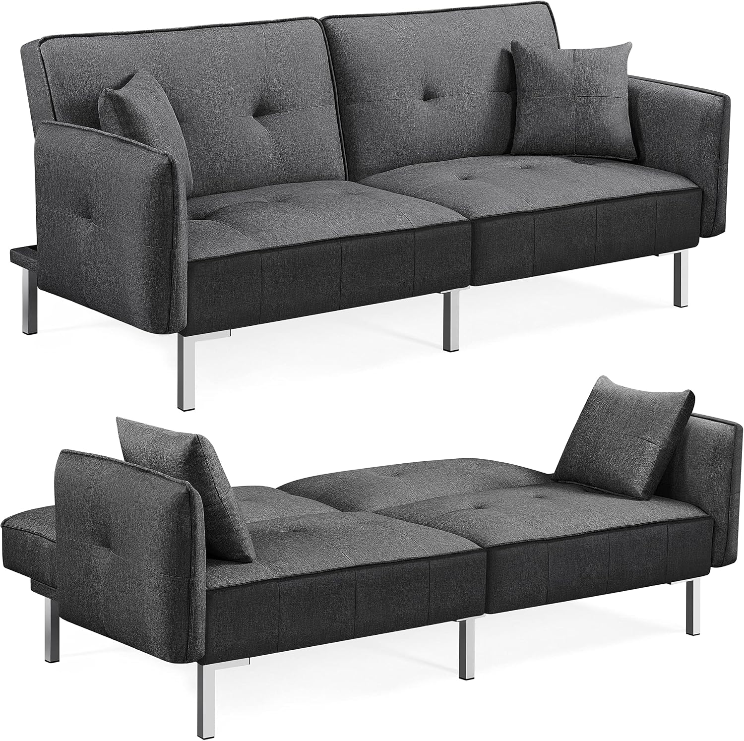 Yaheetech Folding Sofa Bed Linen Fabric Day Sofa with 2 Cushions Sofa ...