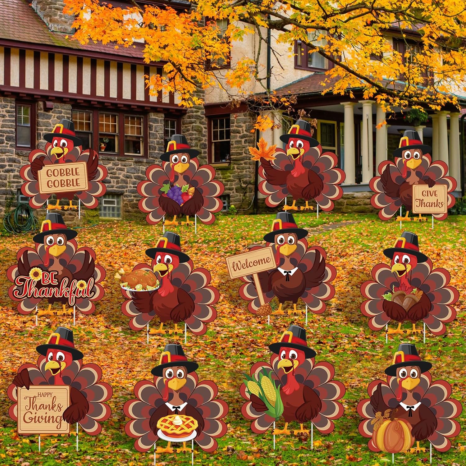Amazon.com : Threehoney 12 Pcs Thanksgiving Turkey Yard Signs with 24 ...