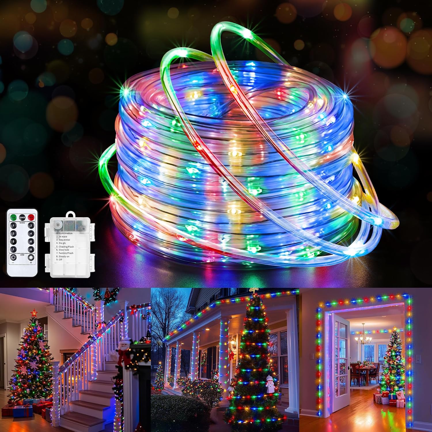 Jnaurb Battery Operated Rope Lights for Outside, 33FT 100LED 8 Modes ...
