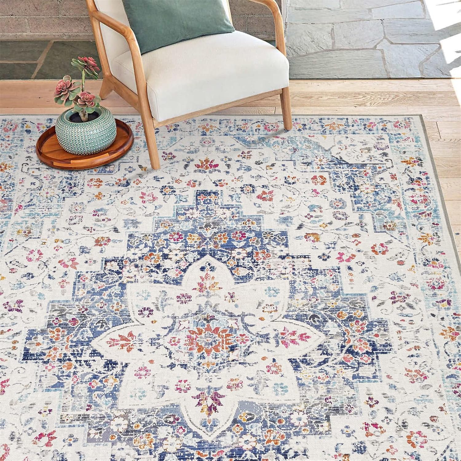Amazon.com: Estmy Blush and Blue Boho Floral Area Rug Ultra Thin ...