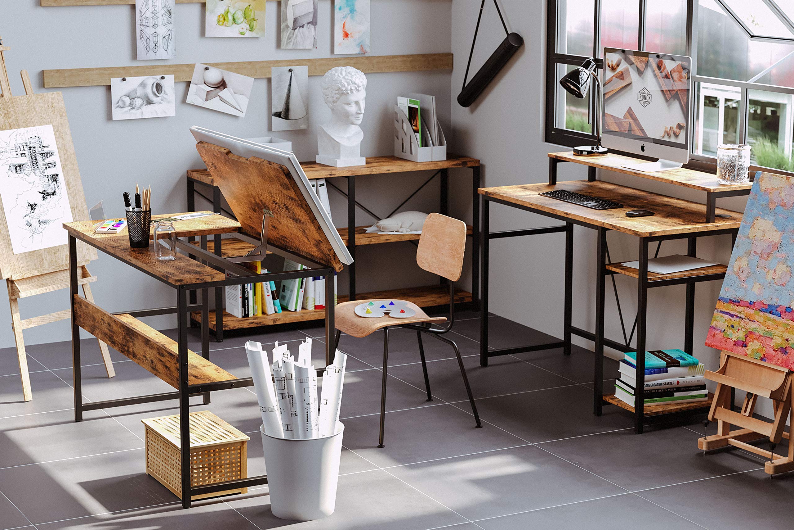 IRONCK L Shaped Computer Desk Drafting Table With Storage, 40% OFF