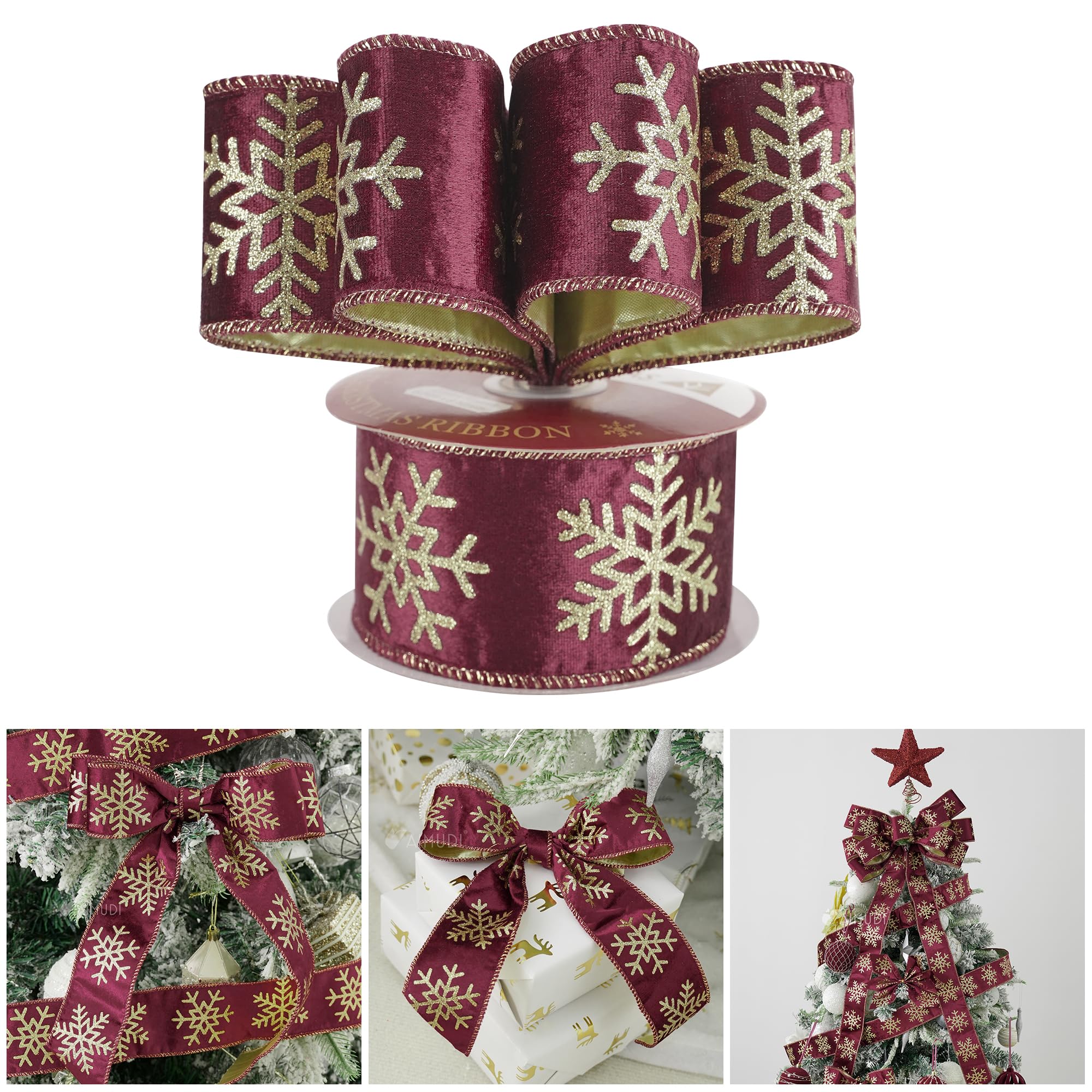 Amazon.com: AIMUDI Burgundy and Gold Christmas Velvet Ribbon Wired 2.5 ...