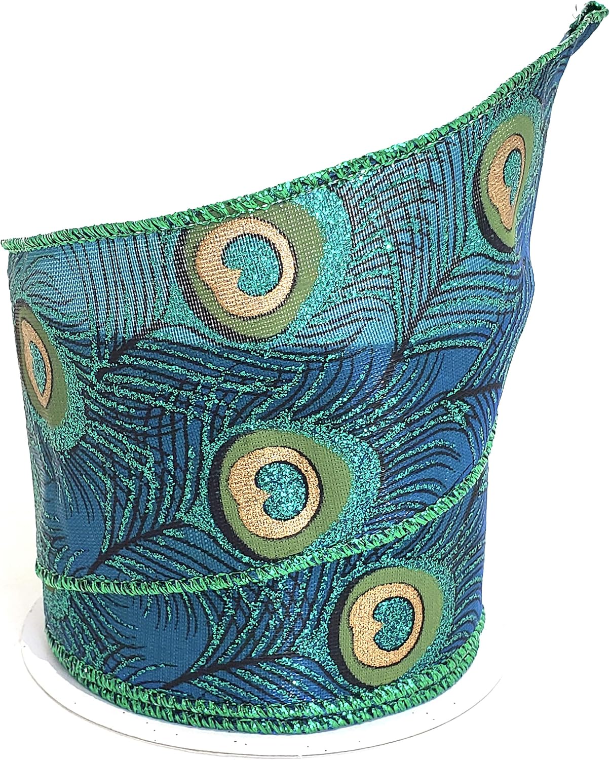 Amazon.com: Peacock Feather Glitter Wired Ribbon #40-2.5in x 10 Yards ...