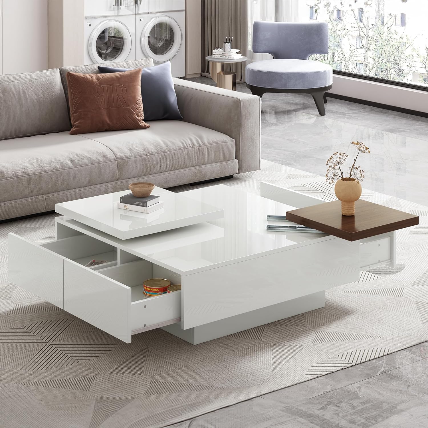 Amazon.com: Merax Movable Coffee Table Square High Gloss Surface, with ...