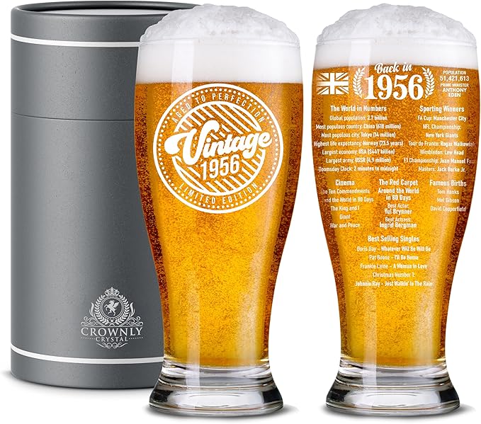 CROWNLY CRYSTAL 70th Birthday Gifts for Men Pint Glass 1956 570 ml ...