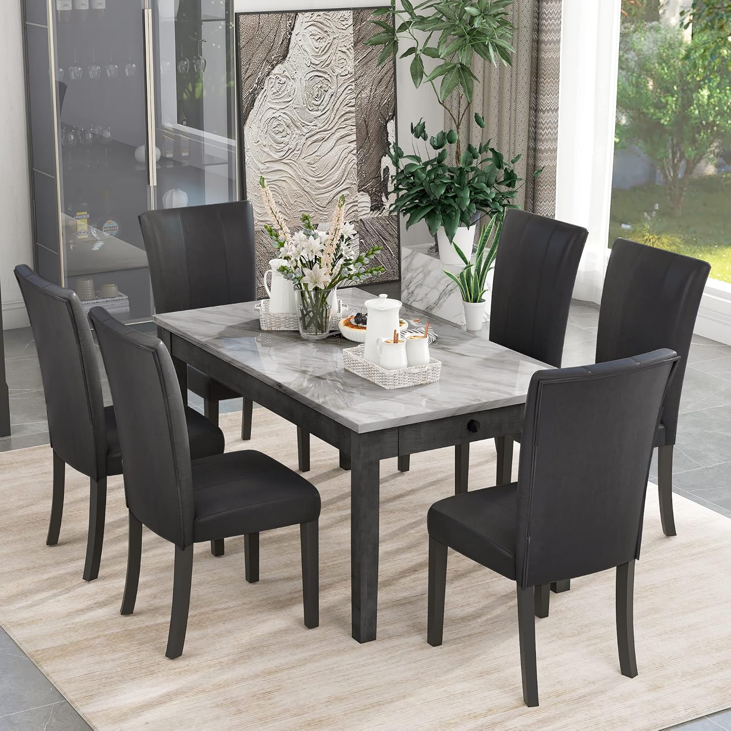 Amazon.com - Melpomene Premium 7-Piece Dining Table Set with One 59.7”L ...
