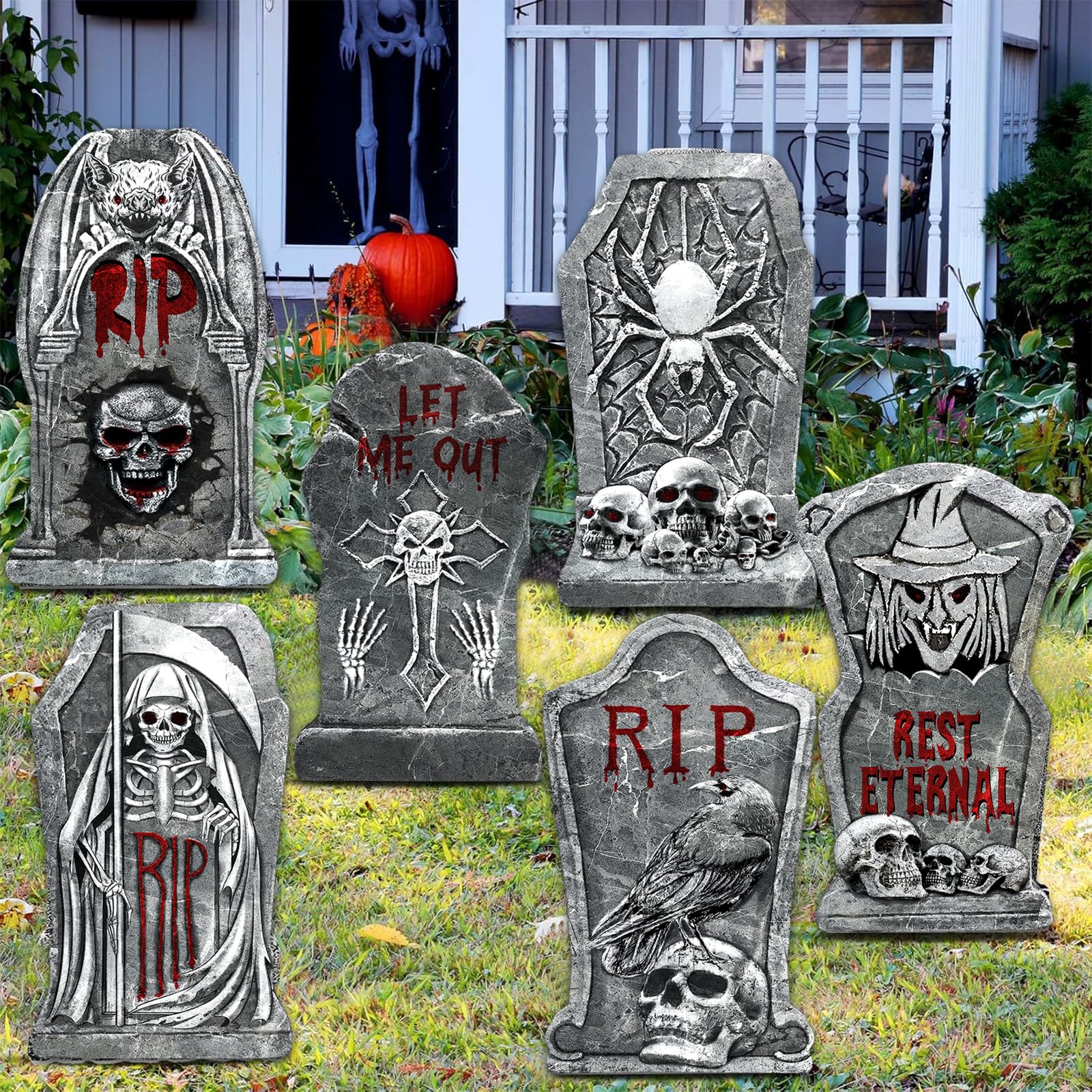 Kazaigou Double Sided Halloween Graveyard Tombstones, 6 Packs Halloween ...
