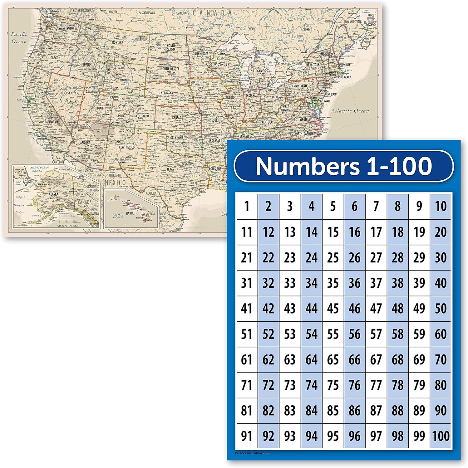 Amazon.com : 2 Pack - Antique Style USA Map + Numbers 1-100 Math Chart ...