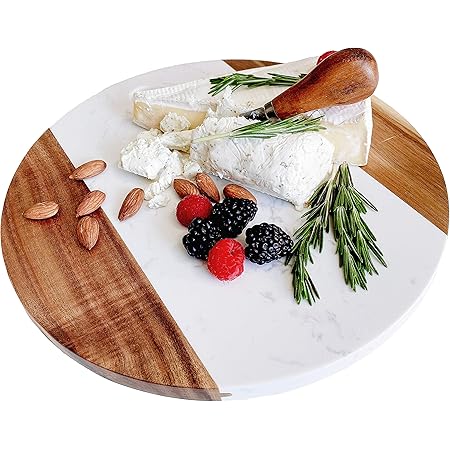Amazon.com: 12inch Marble Cheese Board with Acacia Wood Accent ...