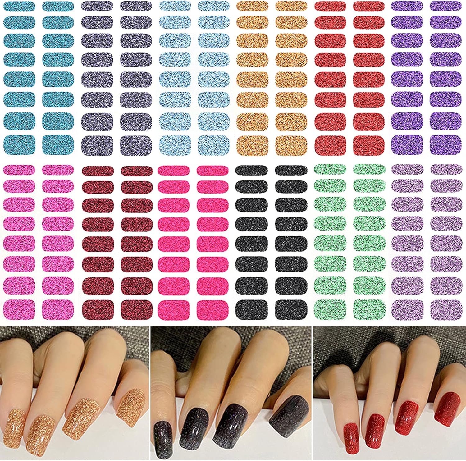 12 Sheets Glitter Nail Wraps Nail Polish Strips Solid Color Nail Polish ...