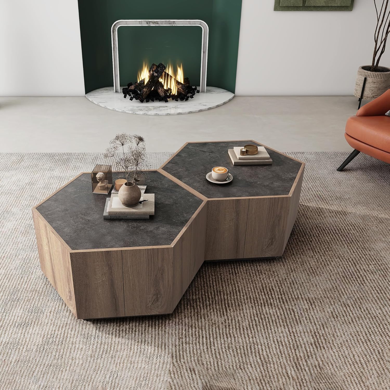 Amazon.com: SAINTCY Coffee Table Set of 2, 31.8" Hexagon Rustic Coffee ...