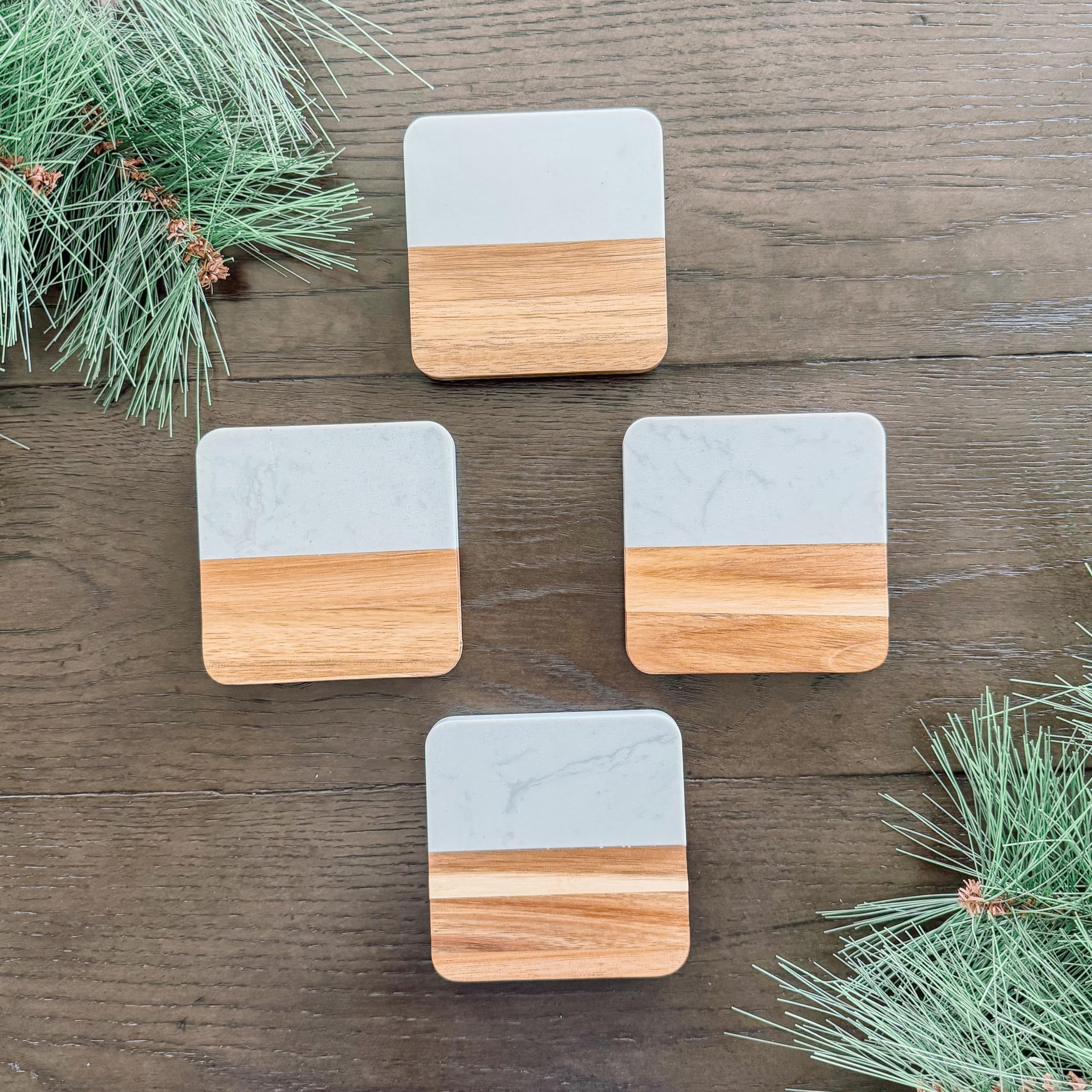 Amazon.com: Acacia and Marble Coasters, Set of 4, White (Square) : Home ...