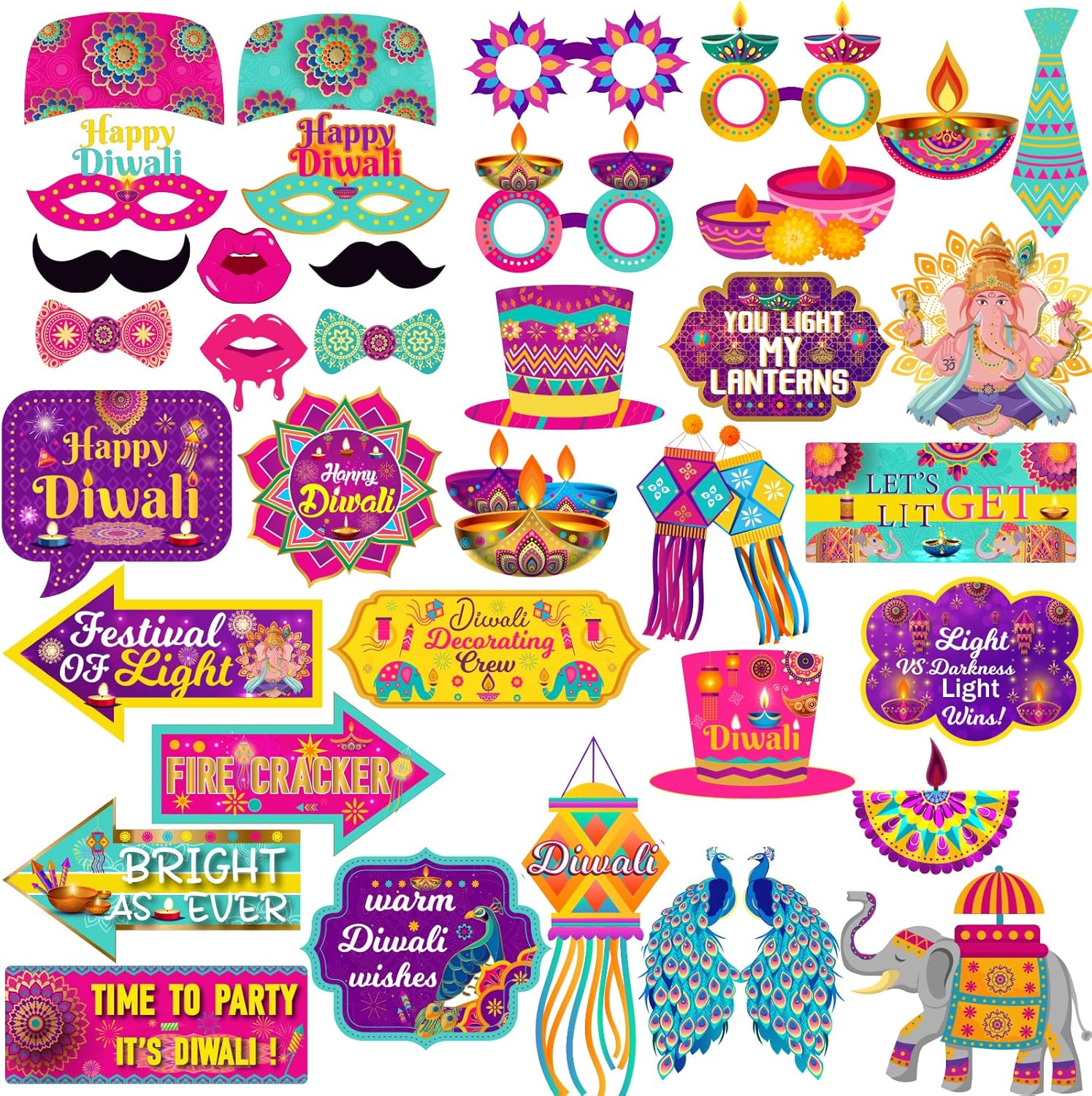 Amazon.com: Diwali Photo Booth Props, 36Pcs Diwali Decorations Photo ...