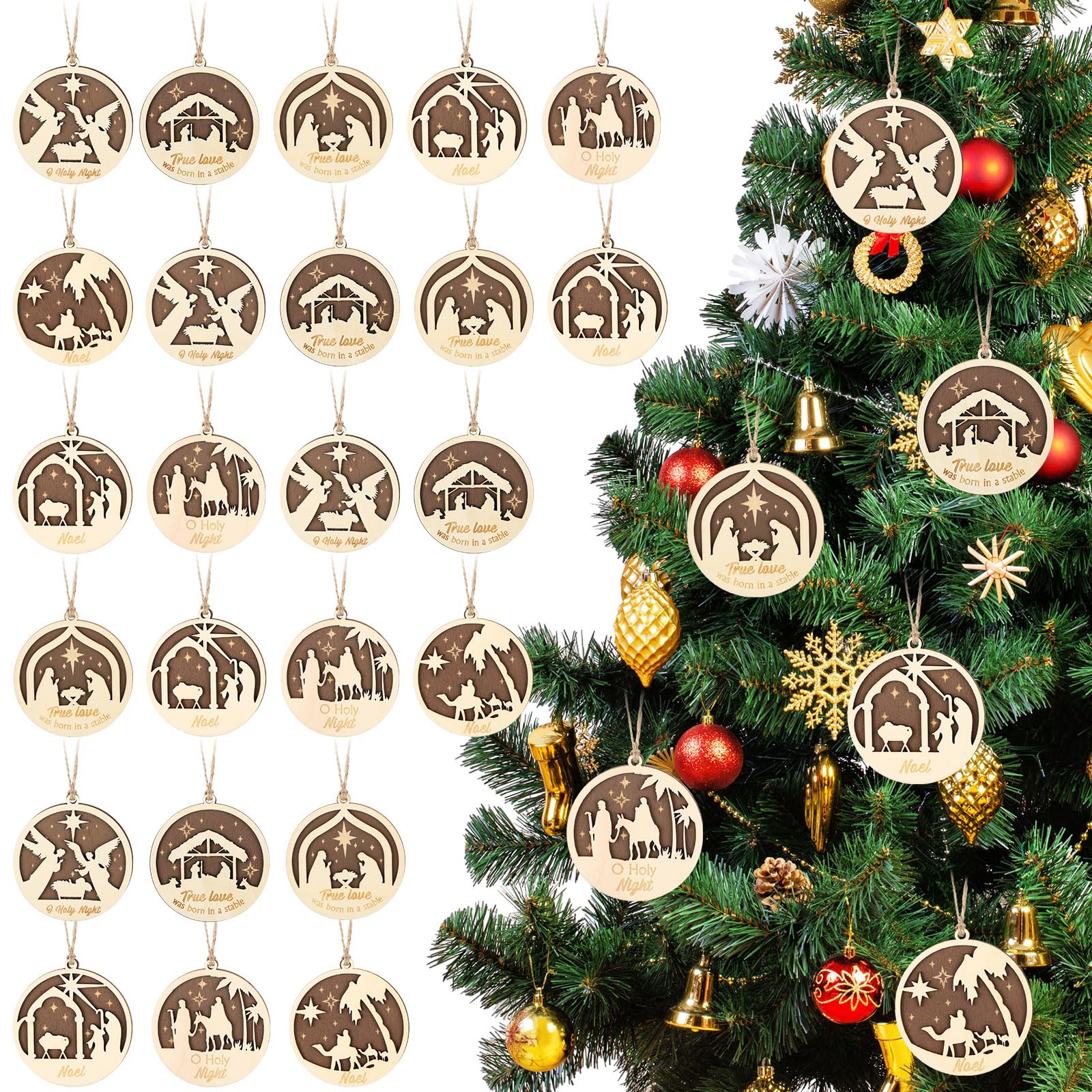 Snapklik.com : 24 Pcs Nativity Scene Ornament, Christmas Wooden Hanging ...