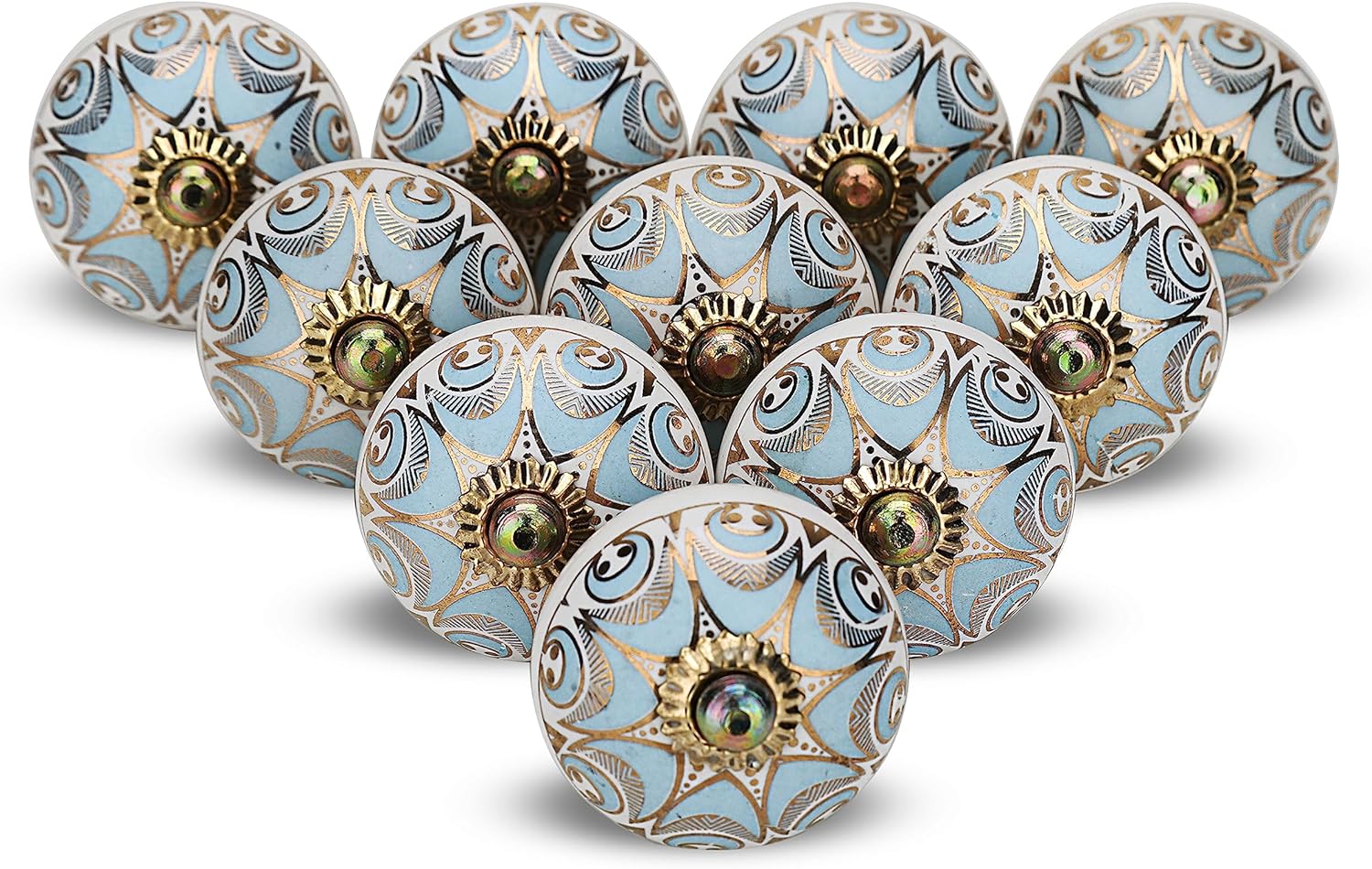 FURNISHFUL FINESSE Blue Knobs for Cabinets and Drawers Handmade Gold Ceramic Dresser Pulls ...