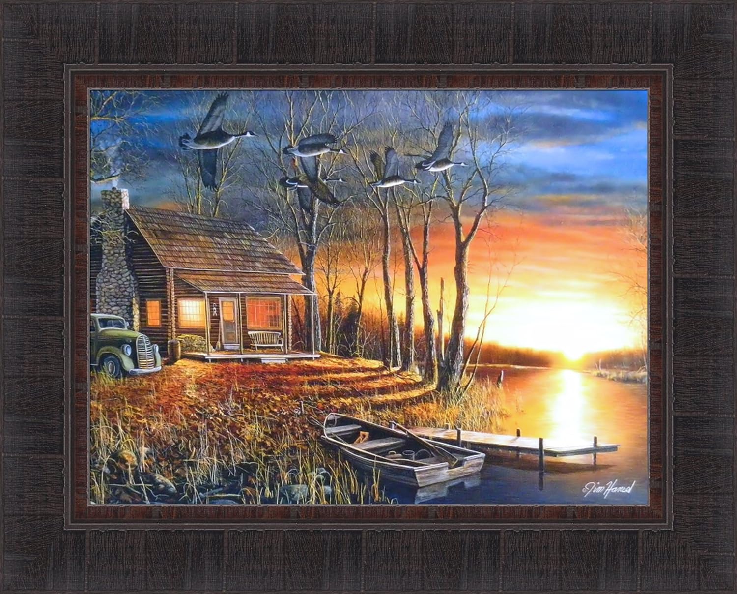 Amazon.com: Sundown by Jim Hansel 17x21 Cabin Boat Lake Geese Framed ...