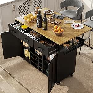 Kitchen Island Trolley with Foldable Worktop, Kitchen Cabinet on Wheels ...