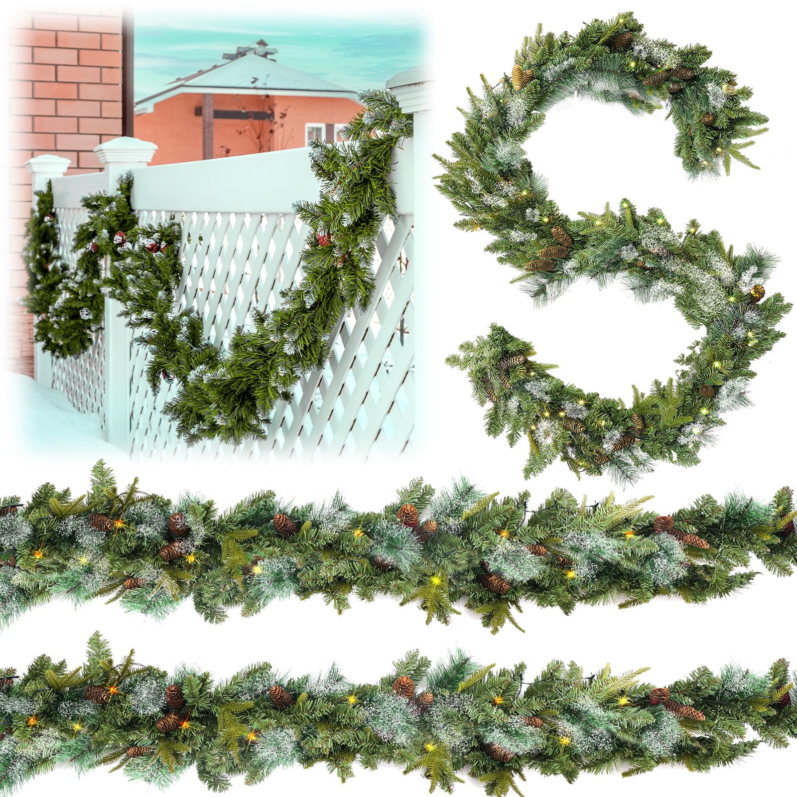 Zeyune 2 Pack 9ft Pre Lit Christmas Garland with 50 Warm LED Lights ...