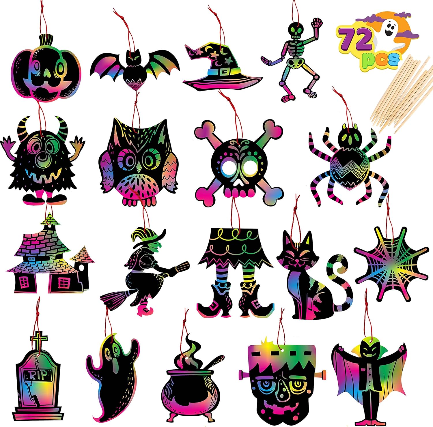 JOYIN 72 Pcs Halloween Scratch Cards Set with 18 Designs for Arts and ...