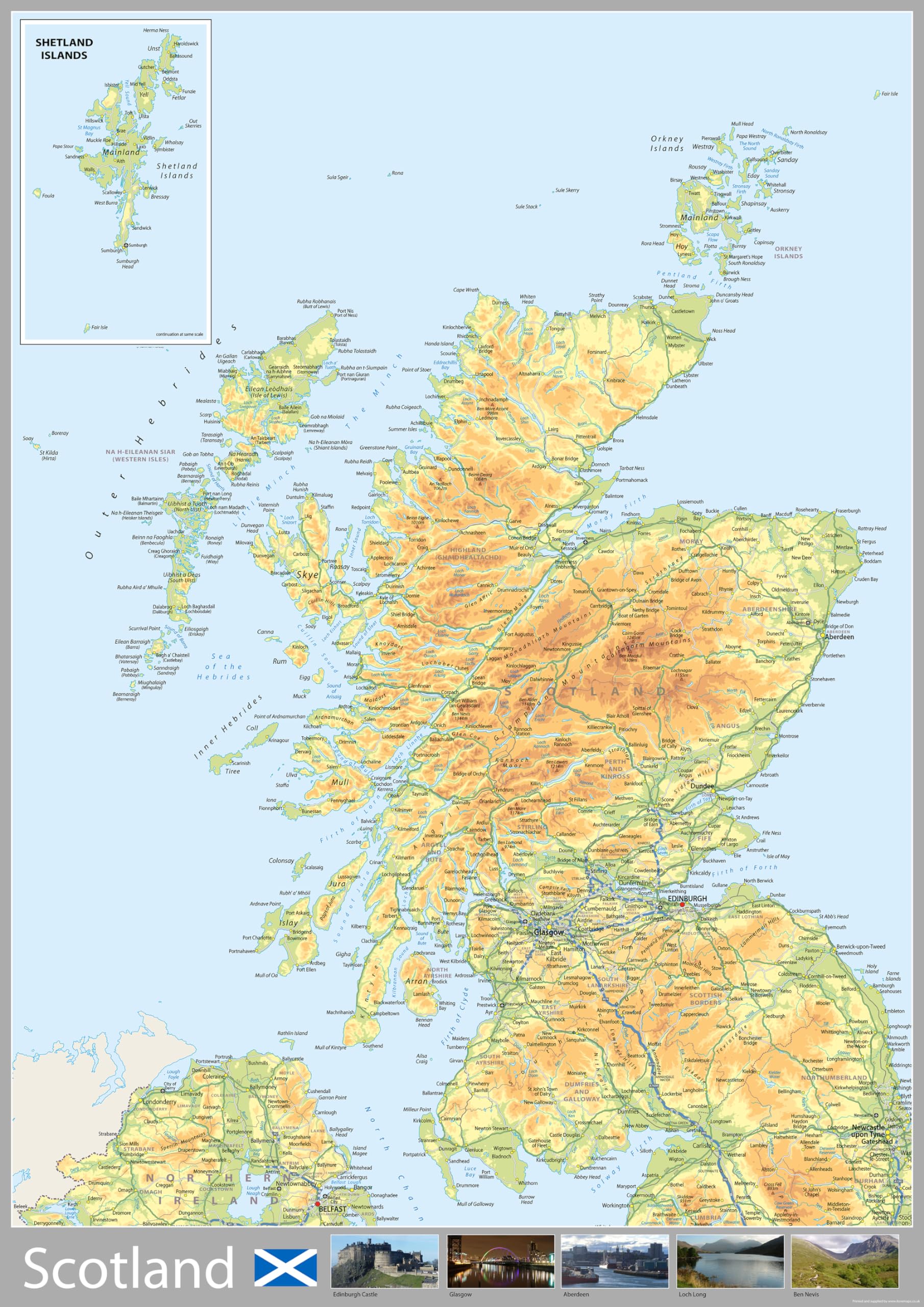 Detailed Physical Map of Scotland - Size A0-84.1 x 118.9 cm - Paper ...