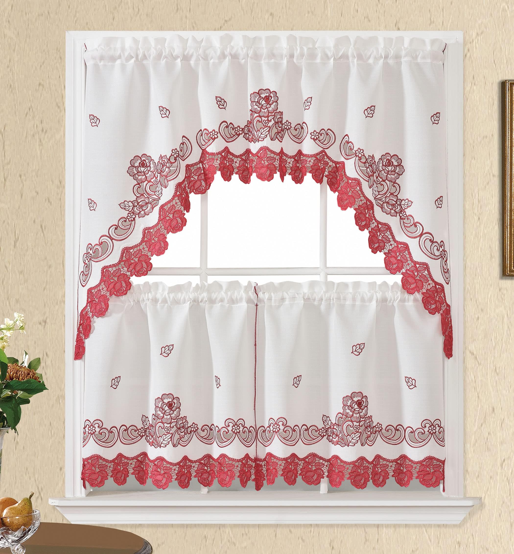 Amazon.com: Gala Embellished Cottage Kitchen Curtain Set With Red ...