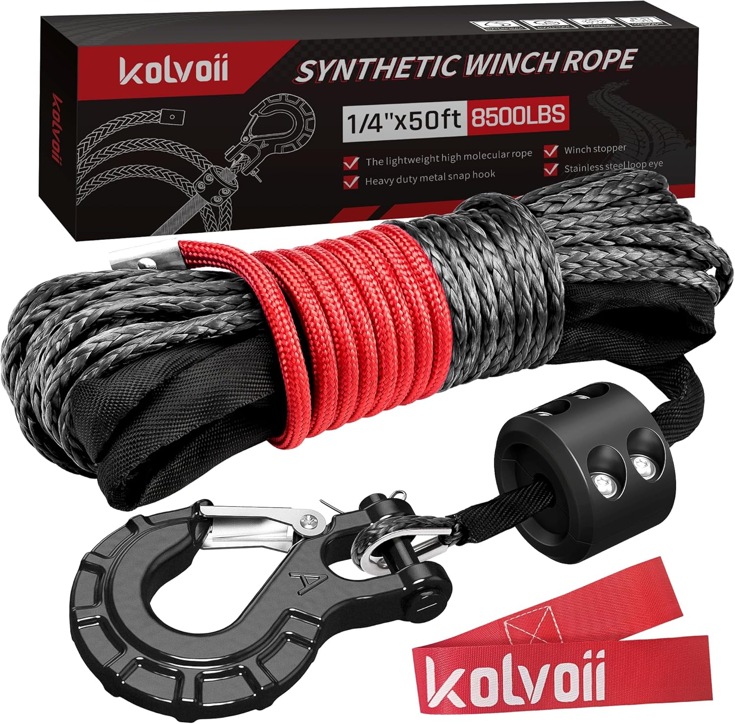 Kolvoii Synthetic Winch Rope Kit, 1/4" x 50ft 8500lbs Winch Cable with ...