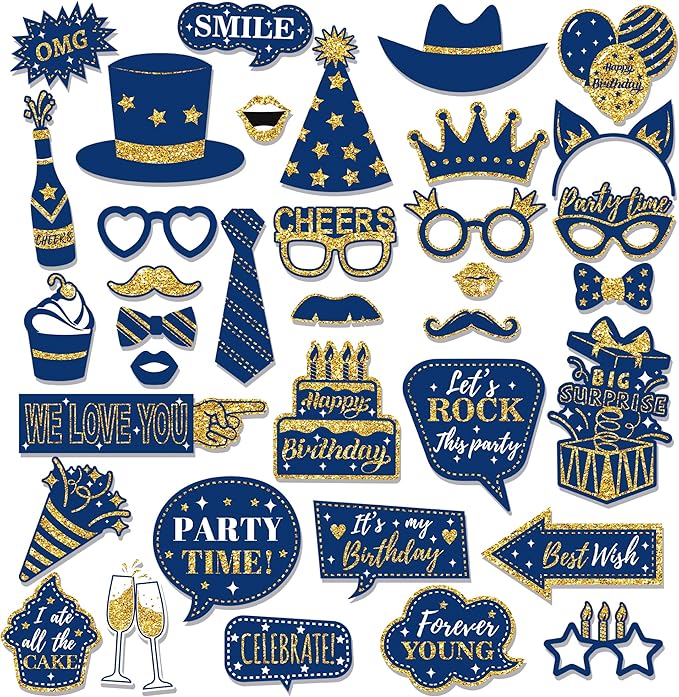 Amazon.com: CC HOME 36Pcs Blue Happy Birthday Photo Booth Props ...