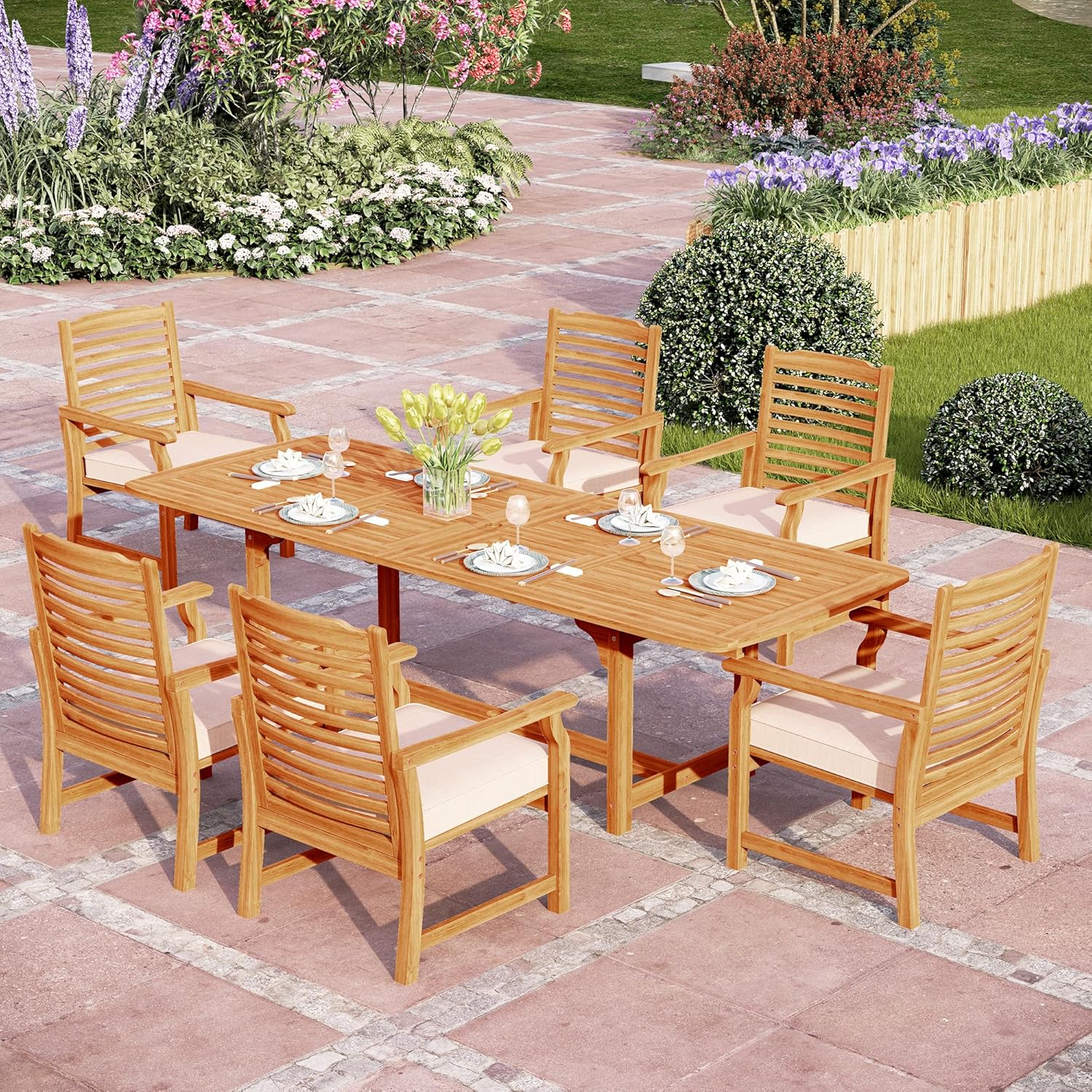 Amazon.com: PHI VILLA 7 PCS Acacia Wood Outdoor Dining Set for 6 ...