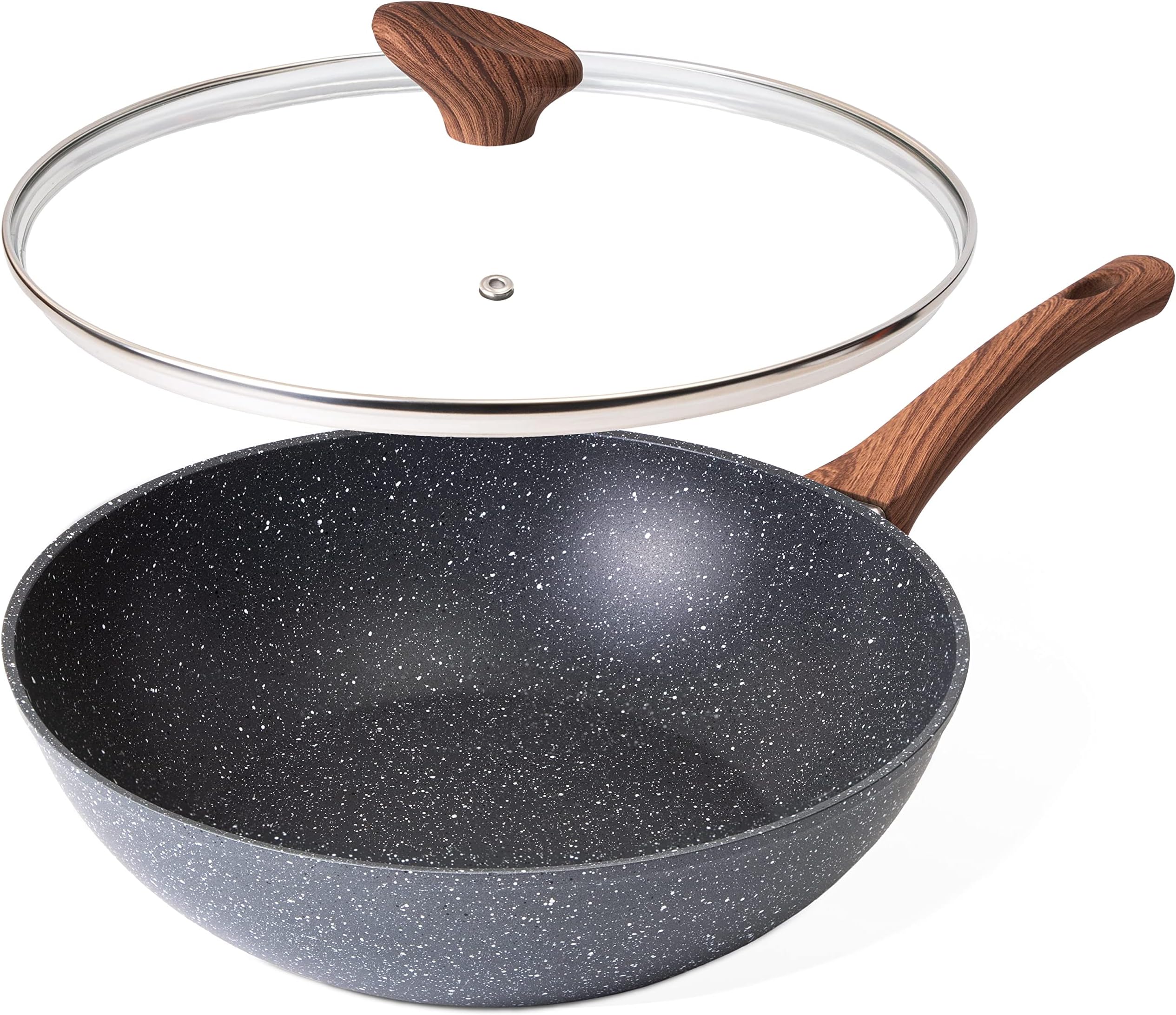 nuovva Non Stick Induction Wok Pan – Deep Stir Fry Pan with Glass Lid ...