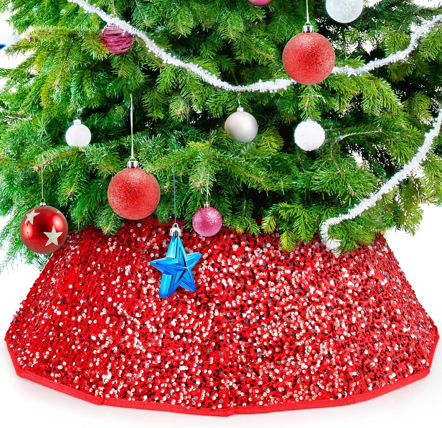 Amazon.com: Lemicin Red Christmas Tree Collar Sequins - 25 Inches Glitter Merry Christmas Tree ...