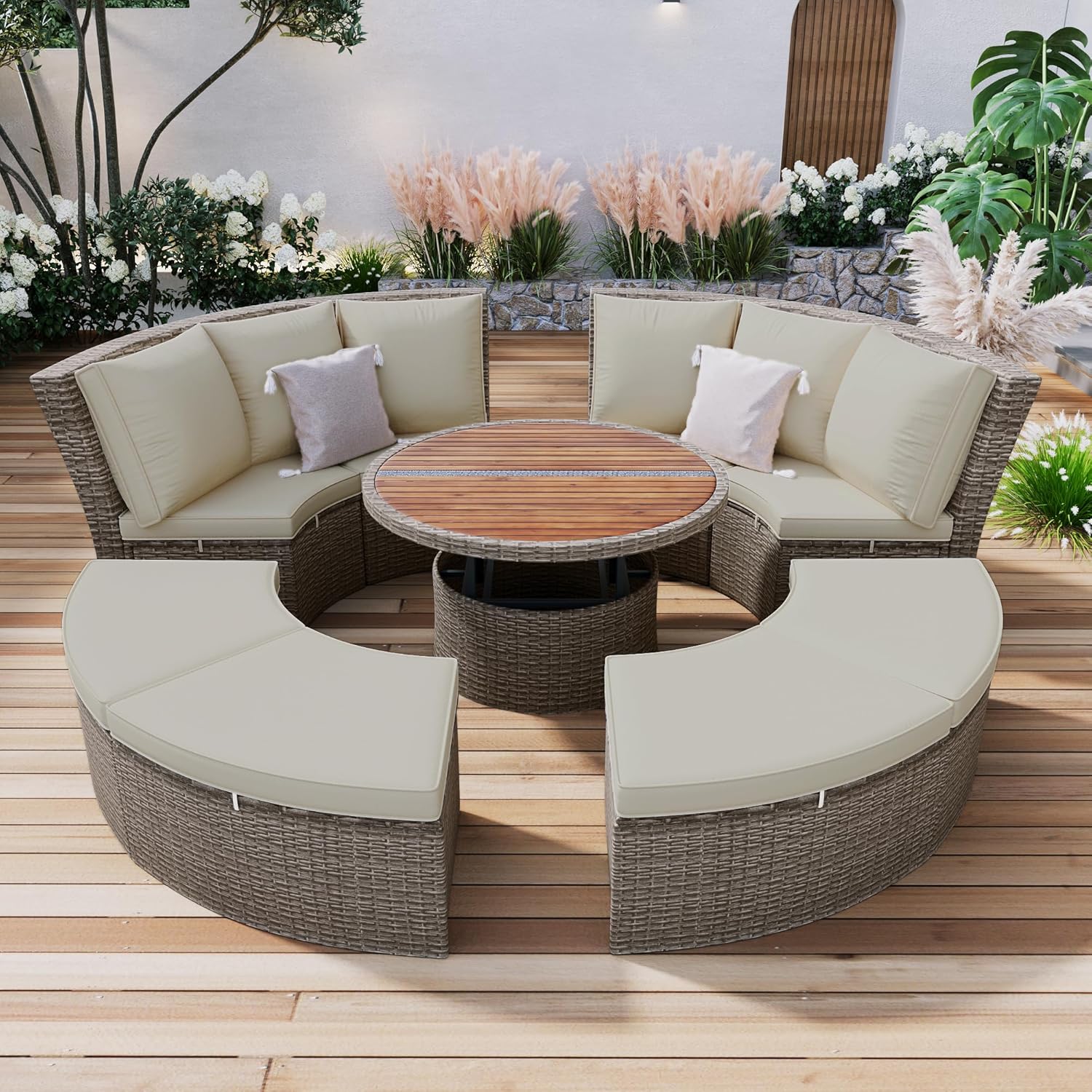 Amazon.com : GLIFRON 5-Piece Outdoor Patio Modular Round Rattan Daybed ...
