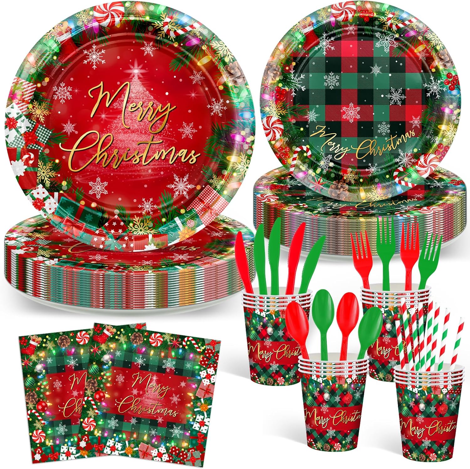 Amazon.com: Avezano 192 Pcs Christmas Paper Plates and Napkins Merry ...