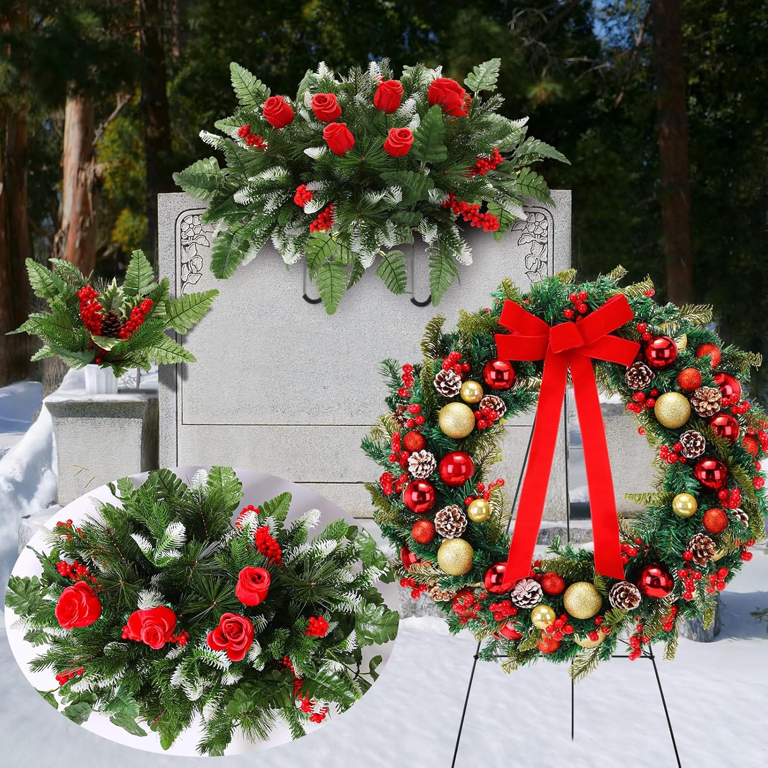 Amazon.com: FineCheer 4 Pcs Christmas Artificial Cemetery Flowers ...