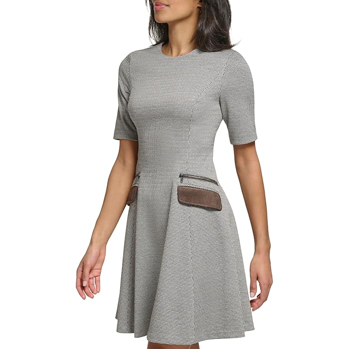 Women's DKNY Short Sleeve A-Line Plaid Dress with Suede Faux Pockets | 6pm