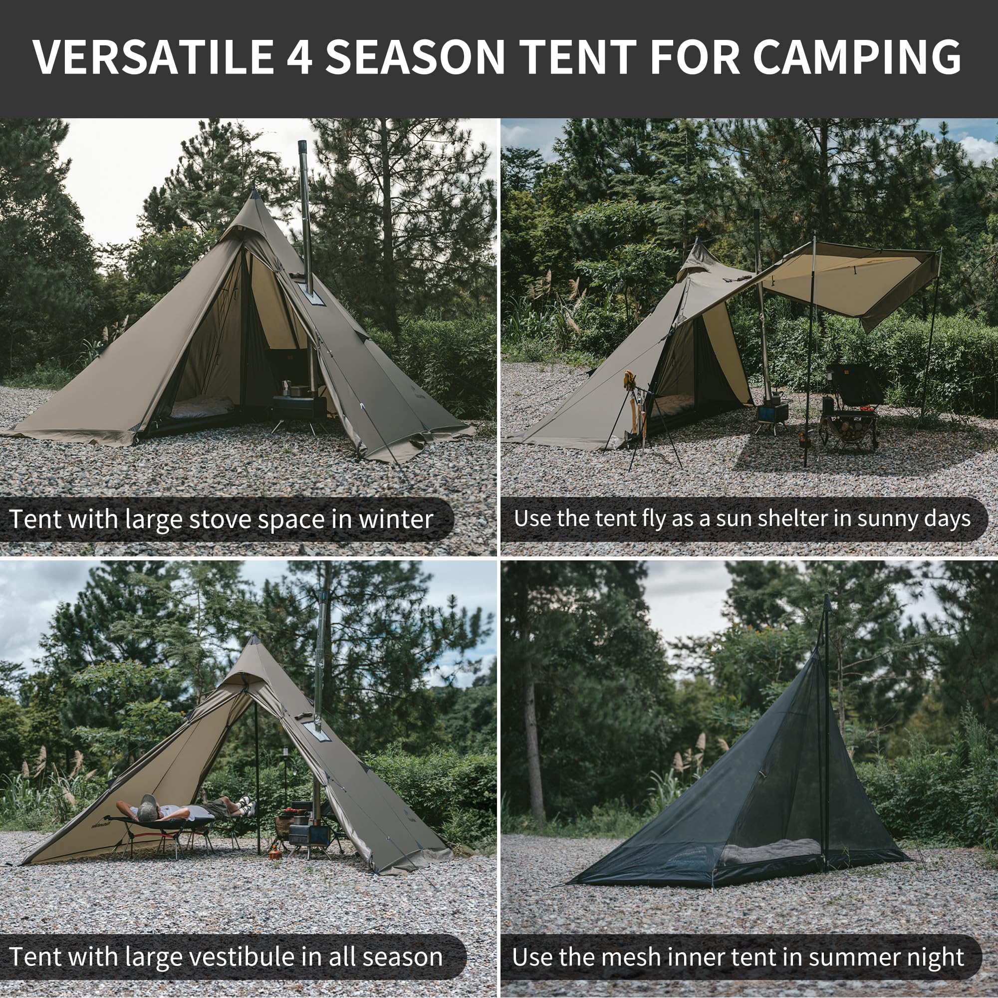 Naturehike Hot Tent with Stove Jack,Teepee Tent,4 Season Tent for 2-4 ...