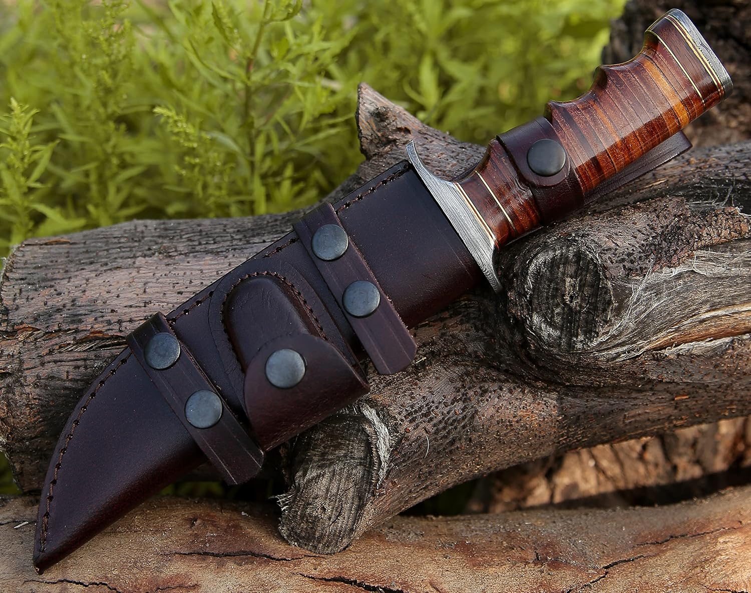 Cuchillo de caza de Damasco, cuchillo Bowie con mango de cuero apilado ...