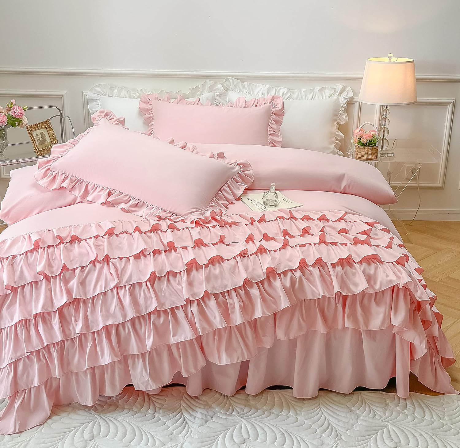 Amazon.com: MOOWOO Waterfall Ruffle Duvet Cover Queen,Light Pink 3 ...