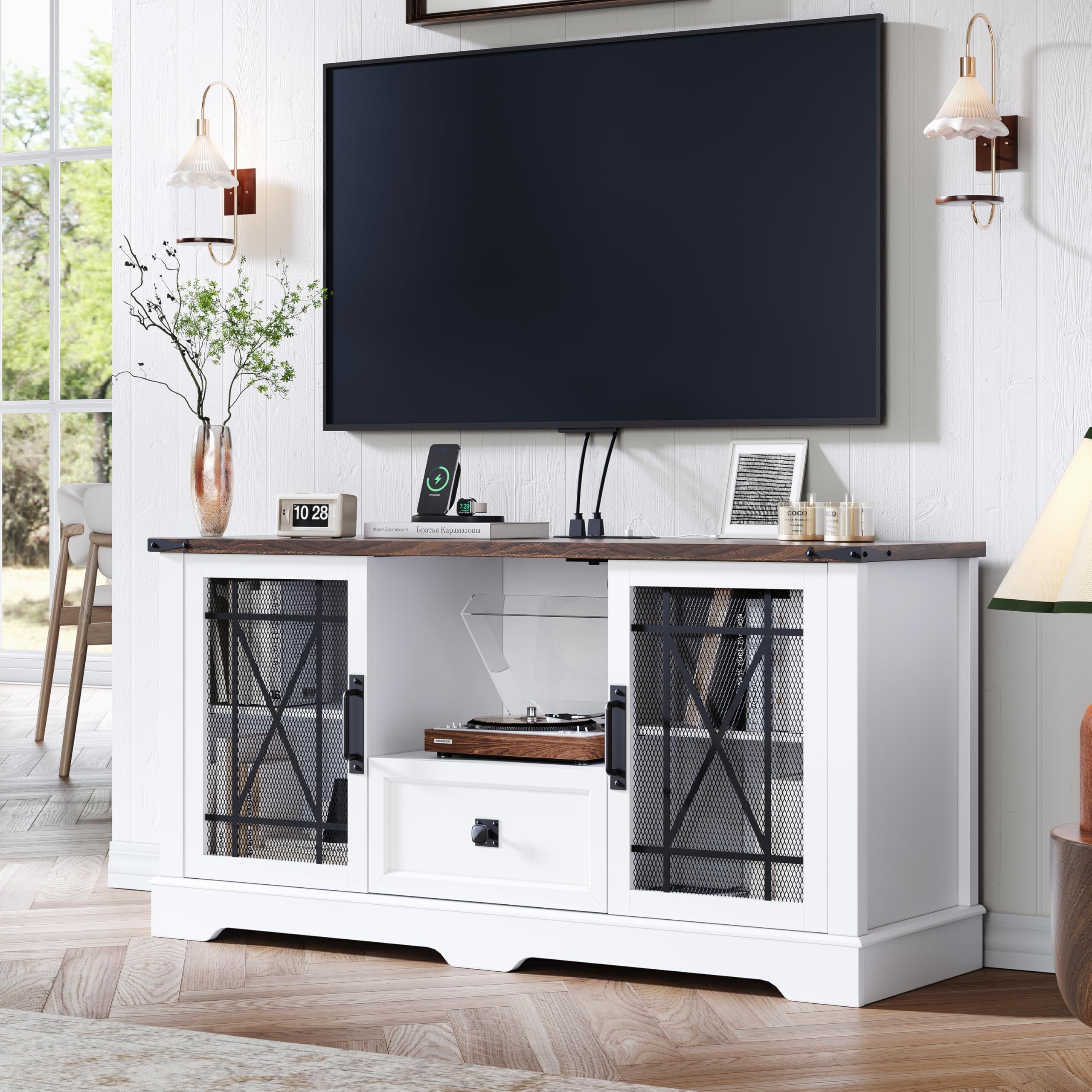 Amazon.com: Entertainment Center White TV Stand with Charging Station ...