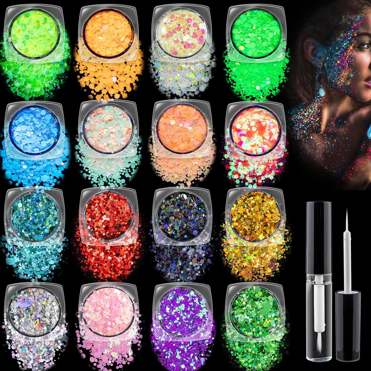 Amazon.com : Chunky Glitter 8 Colors and Glow in The Dark Glitter 8 ...