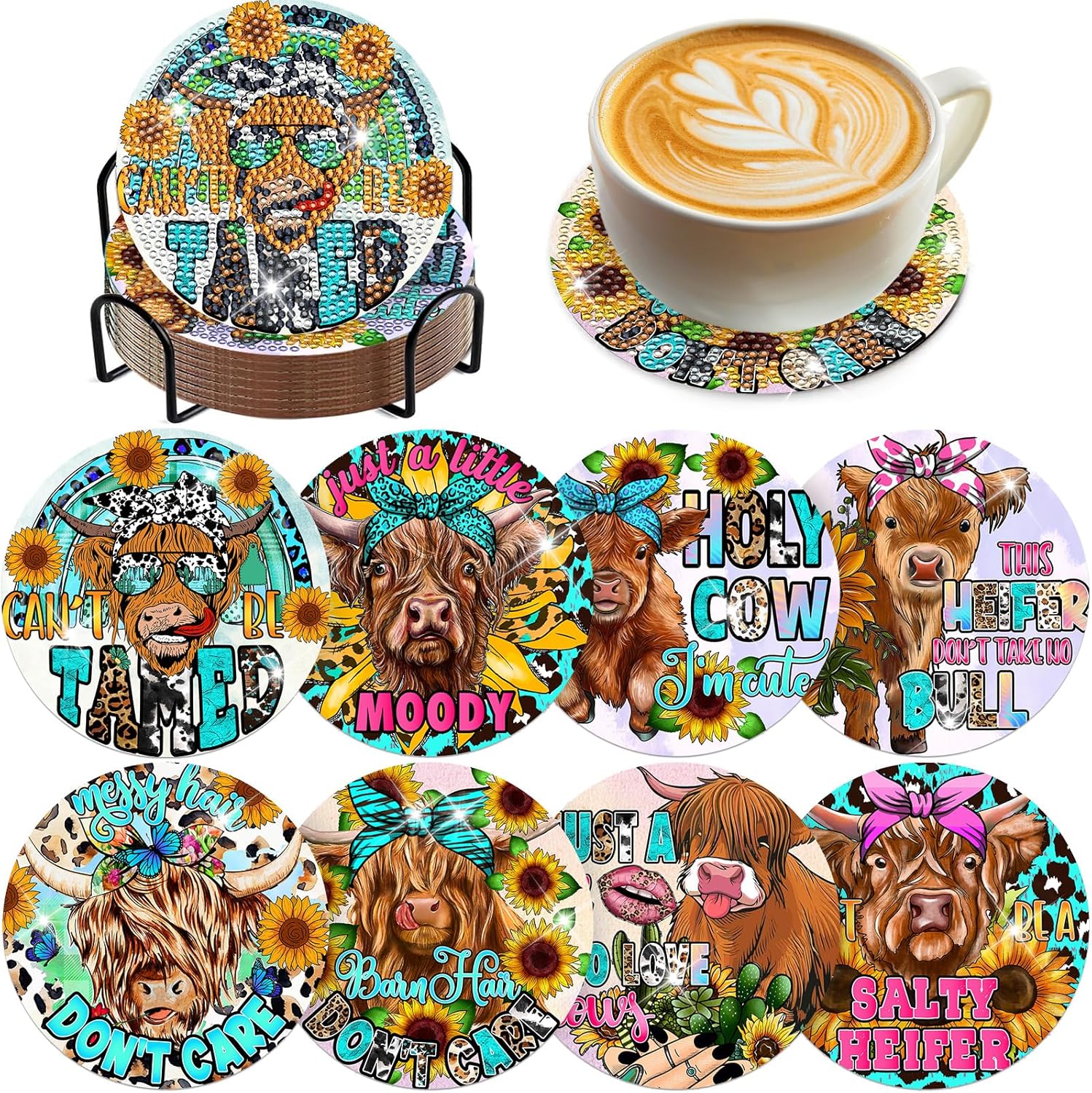 Amazon.com: Highland Cow Diamond Art Coasters - 8 PCS Diamond Painting ...
