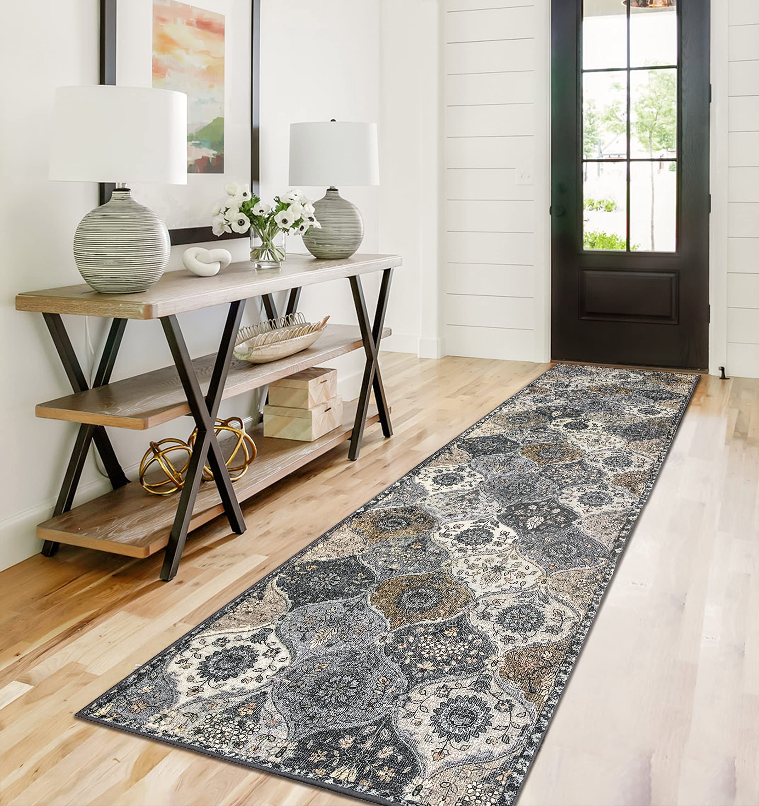 EARTHALL Moroccan Trellis 2x8 Washable Runner Rug Grey Bathroom Runner ...