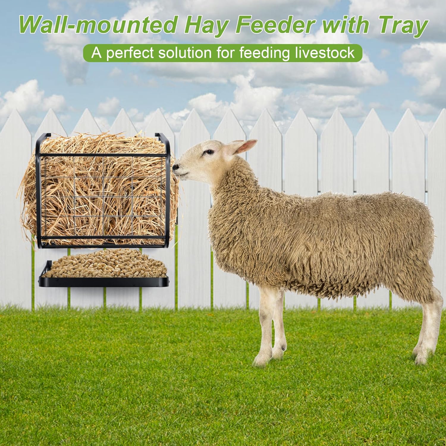 Wall Mount Hay Feeder, Horse Goat Hay Rack with Detachable Grain Tray ...