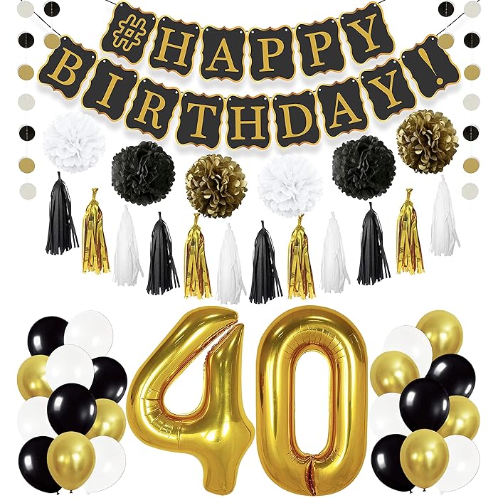 Buy Gold, Black 40th Birthday Decorations Kit - Happy Birthday Banner ...