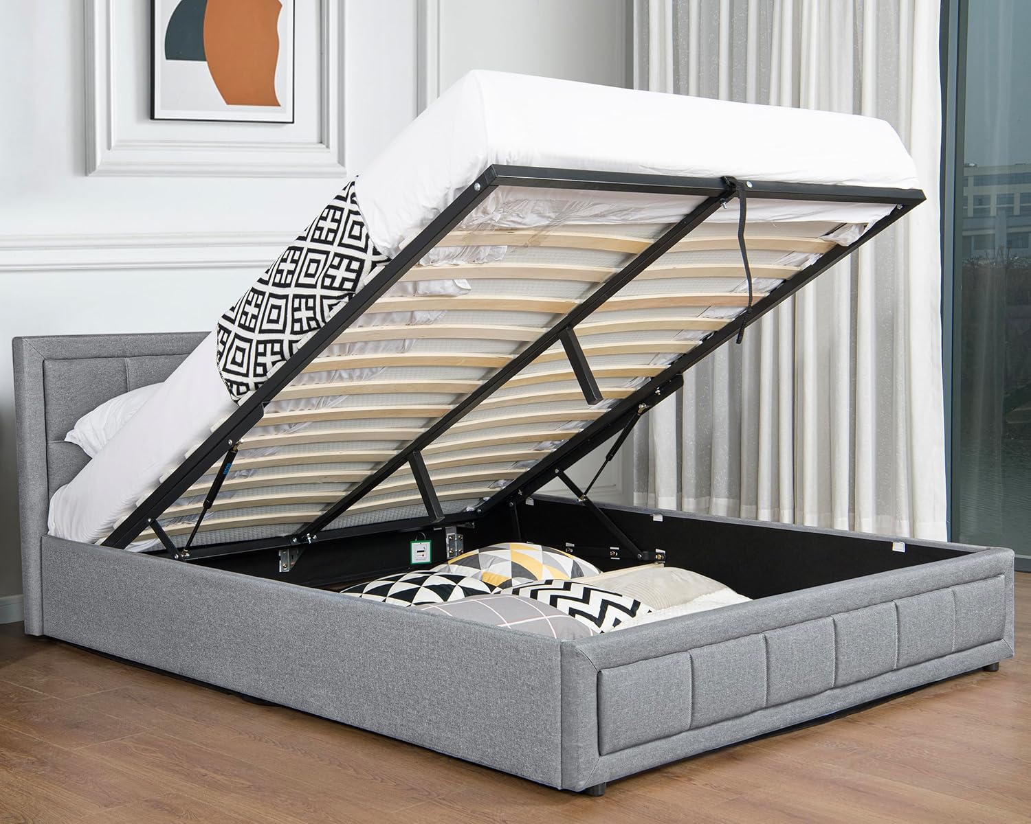 Ottoman 4ft6 Double Bed Frame, Upholstered Gas Lift Up Bed Frame With ...